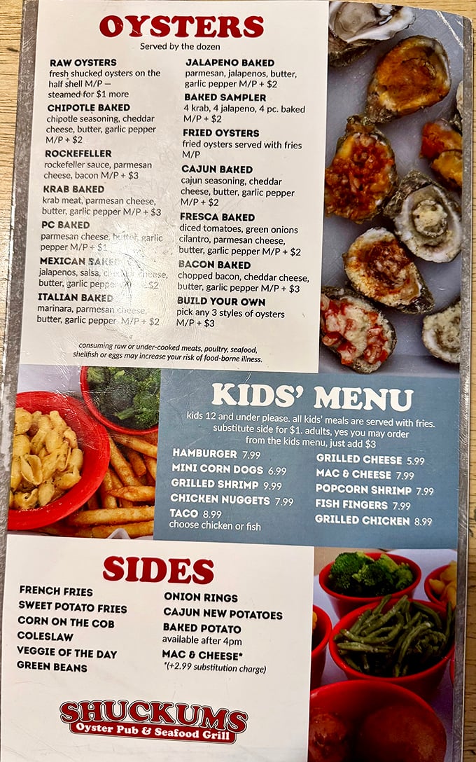 The menu reads like seafood poetry—a dozen ways to enjoy oysters, from raw purists to adventurous baked variations. Decision paralysis never tasted so good.