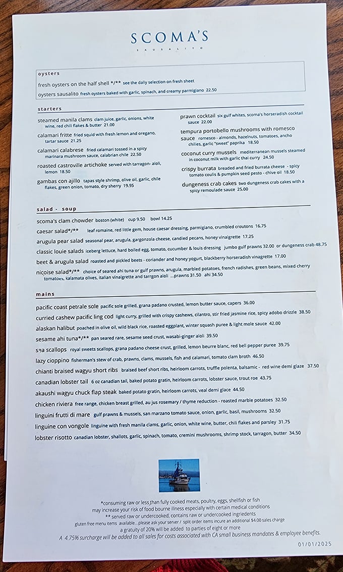 This menu isn't just a list of dishes—it's a love letter to the Pacific, written in cioppino, scallops, and fresh-caught dreams.