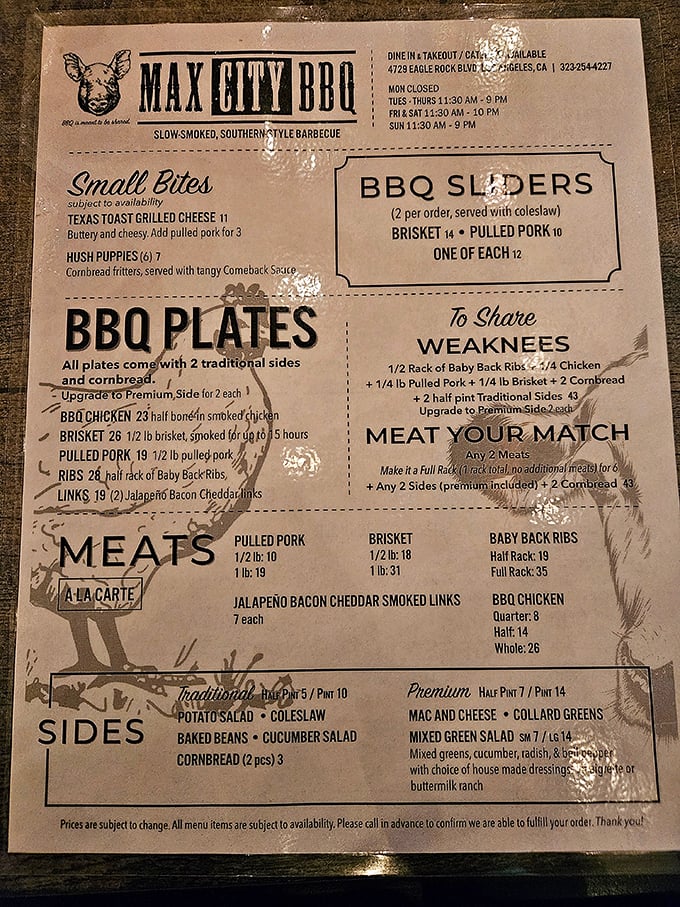 The menu reads like barbecue poetry—each item promising a different journey through smoke, spice, and everything nice.
