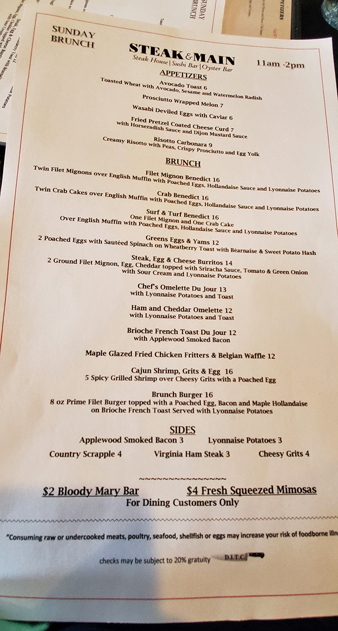 Sunday Brunch menu that transforms breakfast into an event worth setting an alarm for—filet mignon Benedict, anyone?