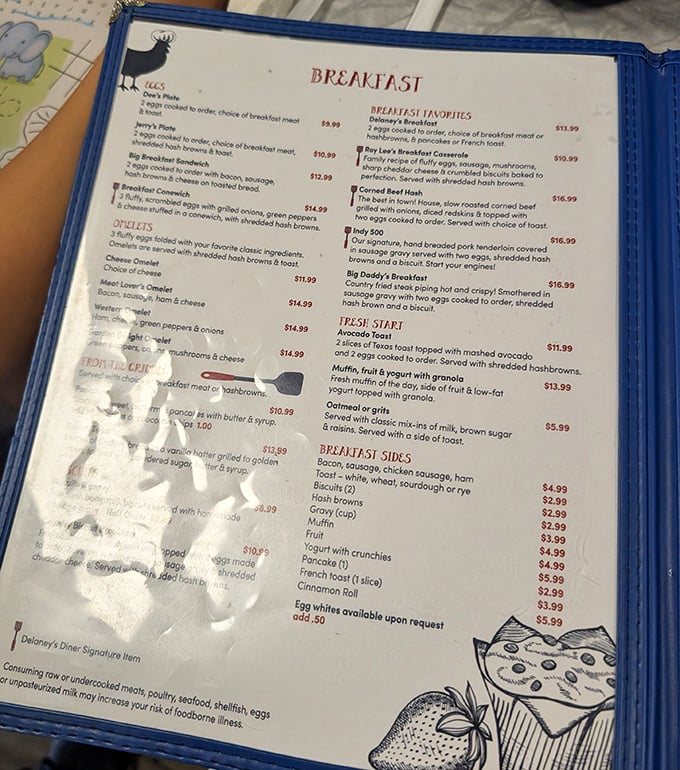 The menu reads like a love letter to morning indulgence. "Indy 500" and "Big Daddy's Breakfast" aren't just meals—they're challenges worth accepting.