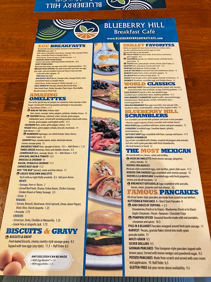 The menu reads like breakfast poetry—a sonnet to eggs, a haiku to hash browns, and an epic ode to omelets that would make Homer hungry.