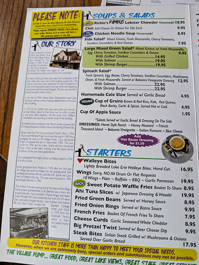 The menu tells stories of Great Lakes bounty – lobster chowder, walleye bites, and perch sandwiches that have launched a thousand ferry trips.