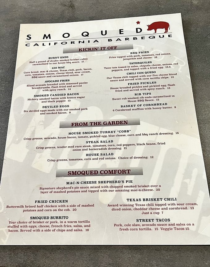 This menu isn't just a list of food—it's a roadmap to happiness with stops at Burnt Ends Boulevard and Mac-N-Cheese Mountain.