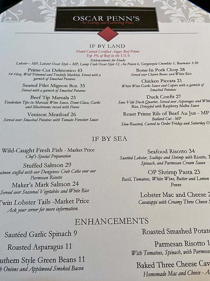 The menu reads like a love letter to fine dining – land and sea options that promise sophisticated flavors without pretentious fuss.