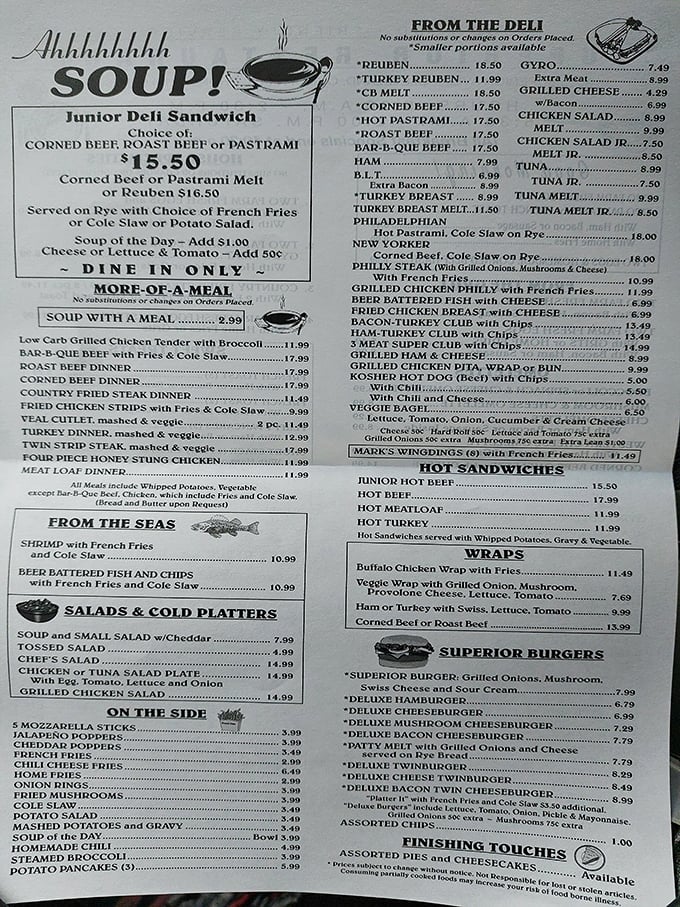This menu isn't just a list of food—it's a historical document, a manifesto of deli greatness that makes choosing just one item feel like Sophie's Choice.