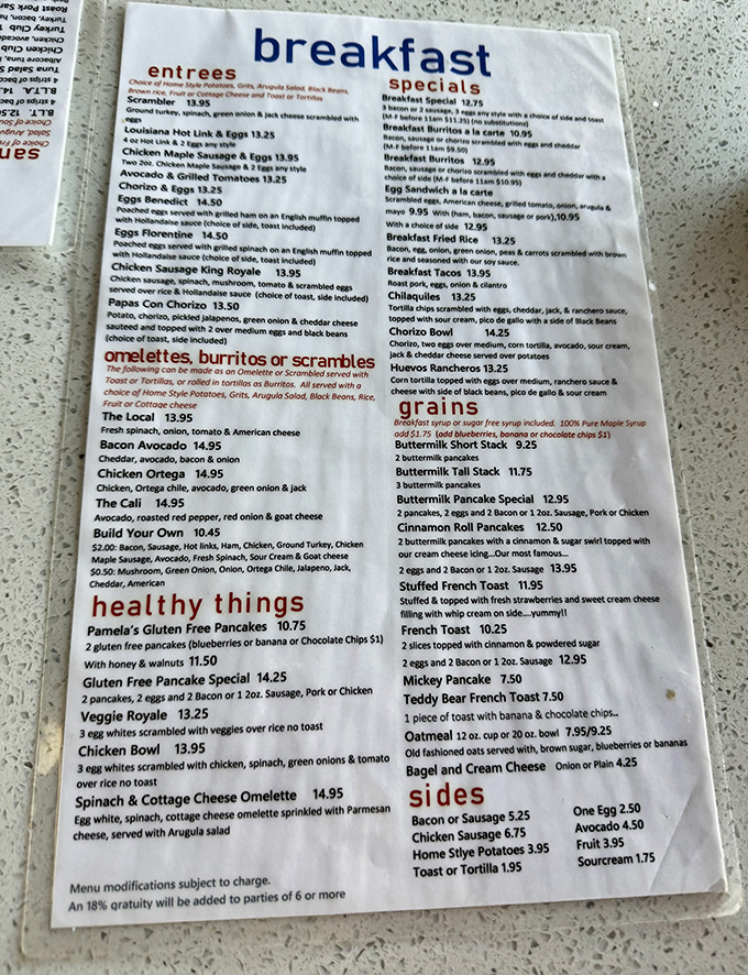 This menu isn't just a list of food—it's a roadmap to happiness with detours through pancake paradise and omelet nirvana.
