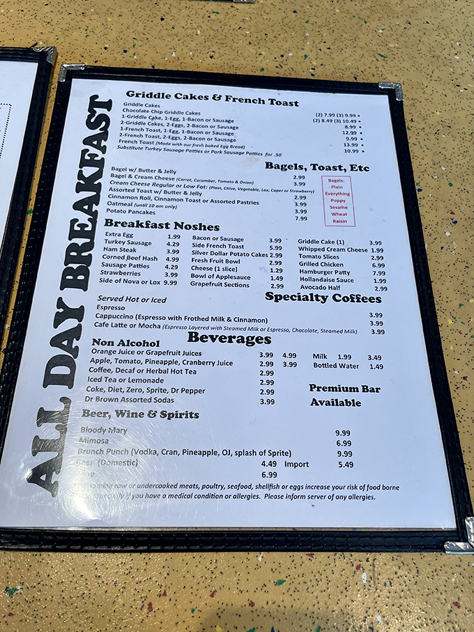 The breakfast menu reads like a love letter to morning indulgence, with "Breakfast Noshes" that would make any New Yorker feel right at home.