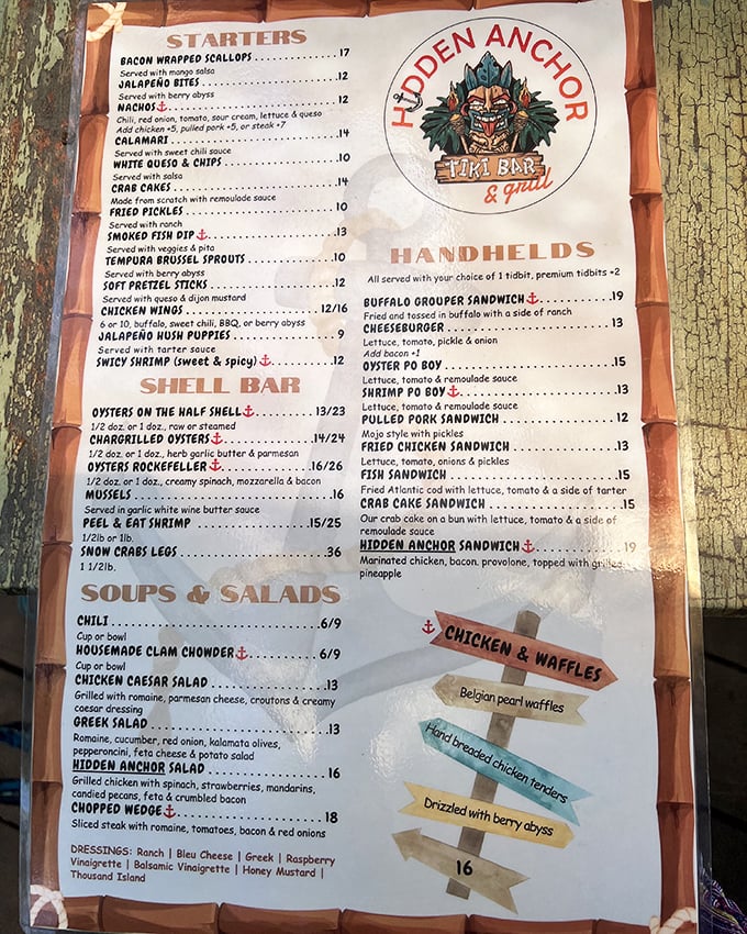 This menu isn't just a list of food—it's a treasure map where X marks the spot for seafood delights and that famous cheeseburger locals can't stop talking about.