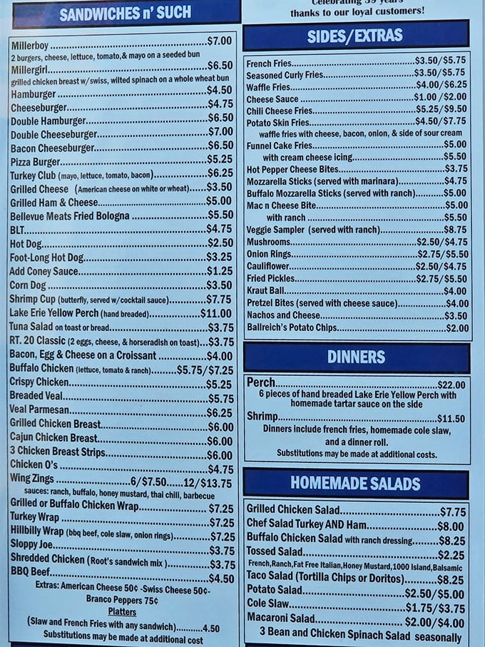 This menu isn't just a list of food—it's a roadmap to happiness. From the signature Millerboy to Lake Erie perch, choices that speak to Ohio's soul.