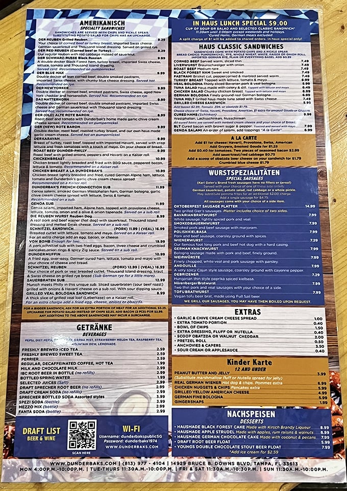 This menu isn't just reading material – it's a passport to flavor country where "Wurstspezialitäten" is your new favorite word.