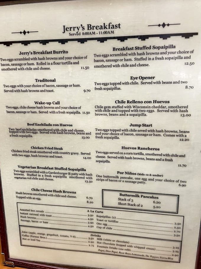 This menu reads like a love letter to New Mexican breakfast, with every dish promising to make your morning absolutely spectacular.