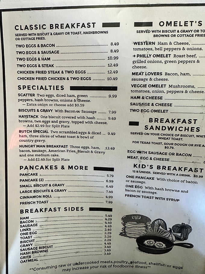 This menu reads like a greatest hits album of American breakfast classics. The "Hungry Man Breakfast" isn't just a meal—it's a delicious challenge.