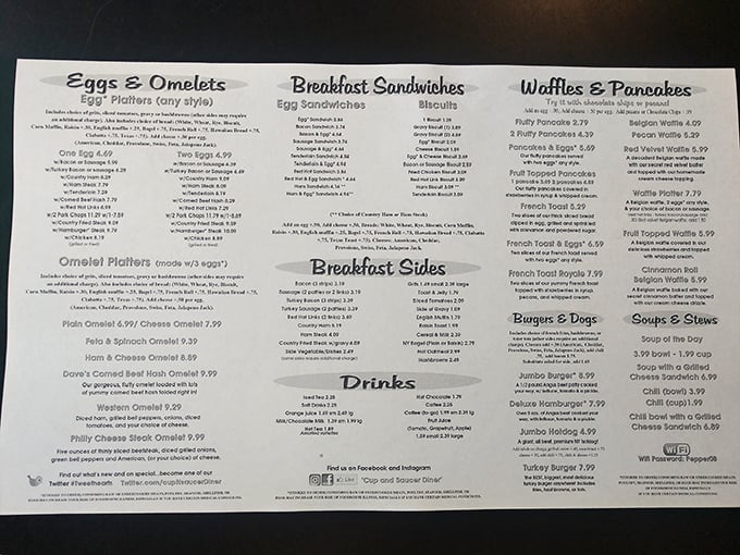 The menu—a roadmap to happiness. No need for fancy descriptions when the classics speak for themselves. Breakfast all day? That's not a luxury, that's a necessity.