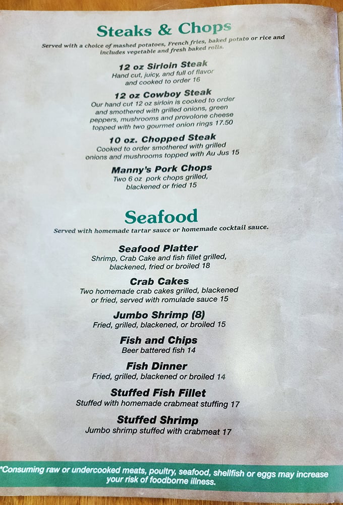 A menu that doesn't need fancy fonts or flowery descriptions—just honest food at prices that won't require a second mortgage.
