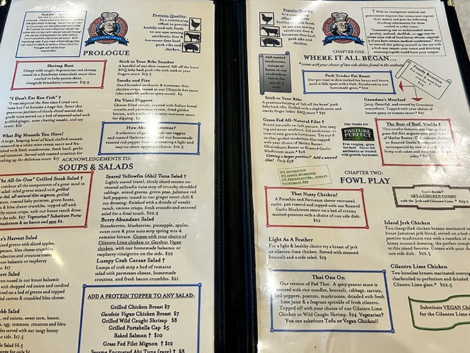 The menu reads like chapters in a book of culinary wisdom, with clever names that feed your mind before the food arrives.