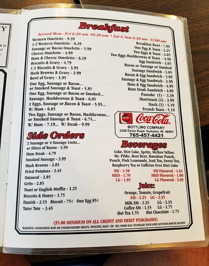 This menu isn't trying to reinvent the wheel—it's perfecting it. Classic breakfast offerings that have fueled Hoosiers for generations, no food influencer required.