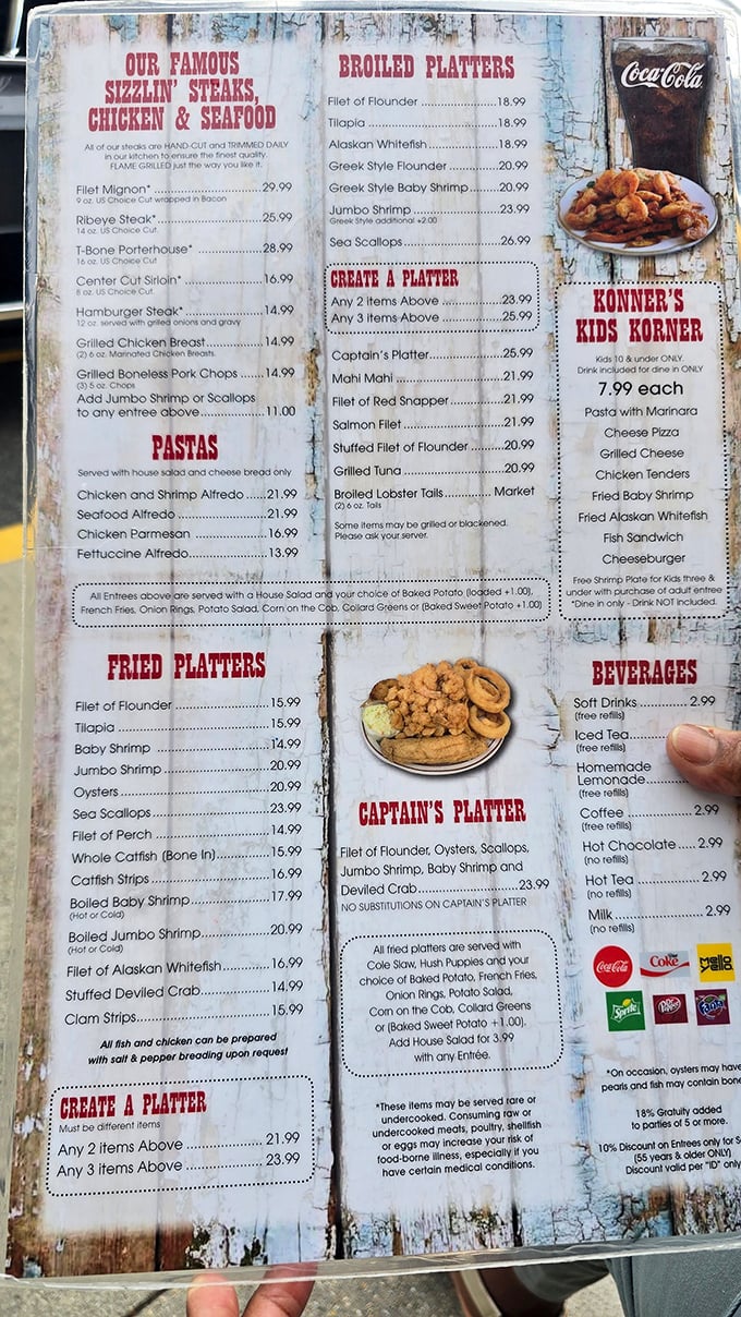 This menu isn't just a list—it's a maritime treasure map. Each item promises a delicious adventure that'll have you plotting your return visit before dessert arrives.