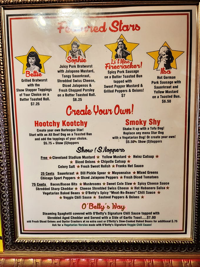 The "Featured Stars" menu reads like a burlesque playbill for your taste buds. Each hot dog has a personality as distinct as its namesake.