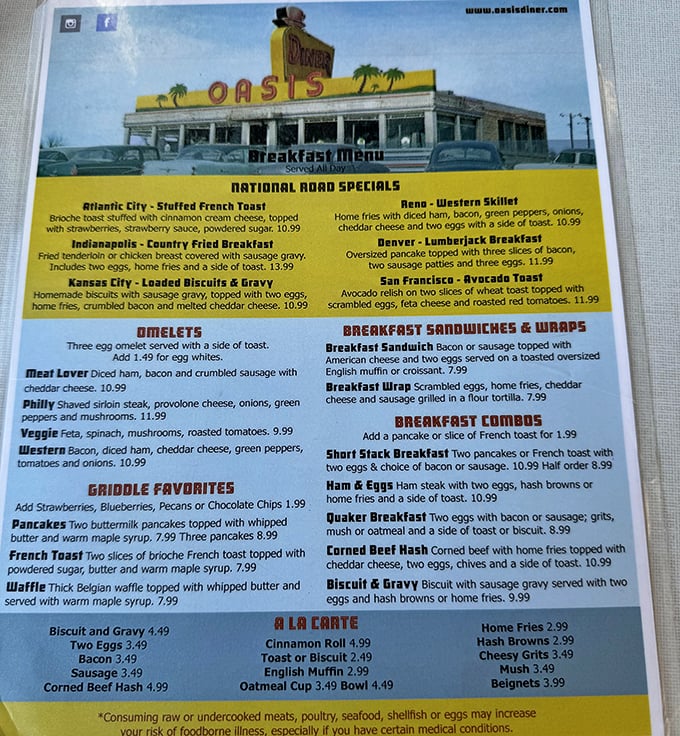 The menu reads like a cross-country road trip, with breakfast specials named after American cities. Indianapolis gets the country-fried steak – fitting for a state that knows its comfort food.
