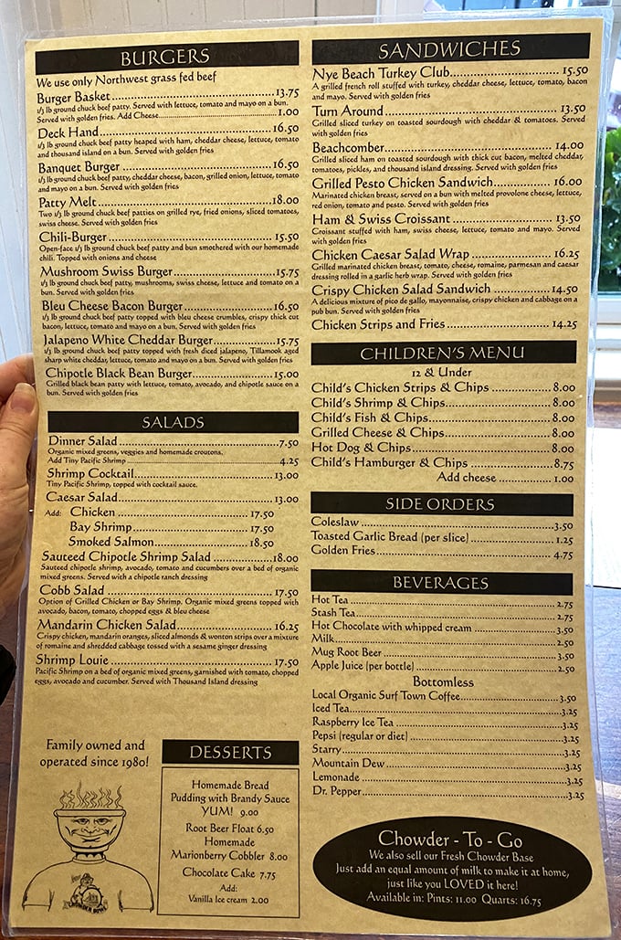 The menu reads like a love letter to seafood enthusiasts. Notice the "Chowder To-Go" section? That's for when separation anxiety kicks in.