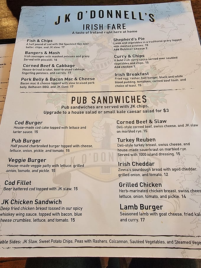 This isn't just a menu – it's a passport to Ireland's greatest hits, from beer-battered fish to bangers and mash that would make your Irish grandmother weep with joy.