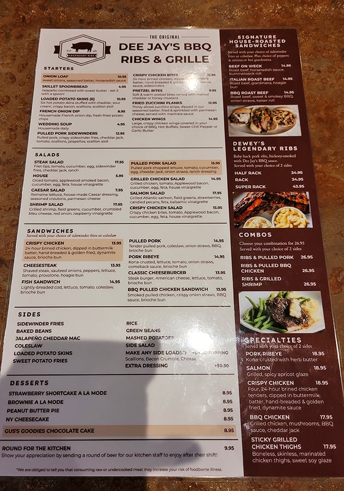 The menu reads like a carnivore's dream journal. "Dewey's Legendary Ribs" isn't just clever marketing—it's truth in advertising you can taste.