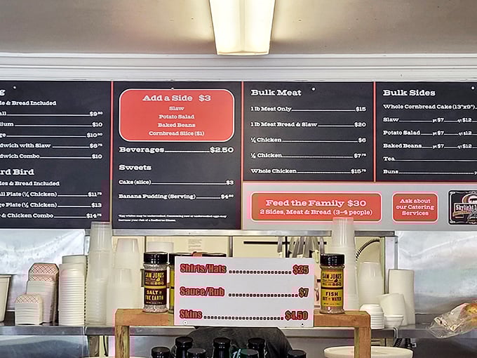 A menu board that gets straight to the point. No kale salads or fusion tacos here—just barbecue perfection that hasn't needed updating since Truman was president.