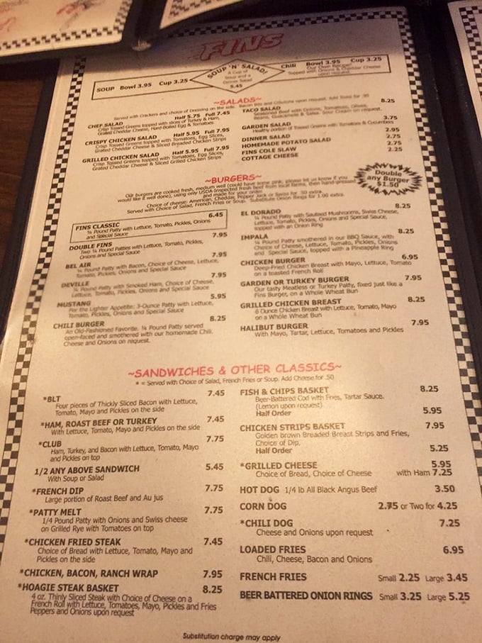 The menu at Fins reads like a greatest hits album of American comfort food classics, with those legendary loaded fries stealing the spotlight.