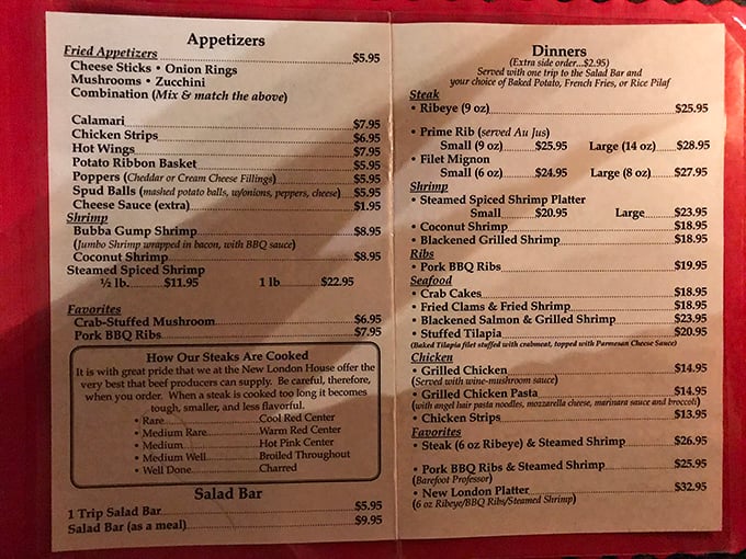 This menu isn't just a list—it's a treasure map to beef nirvana, complete with a steak-cooking philosophy that borders on religious devotion.