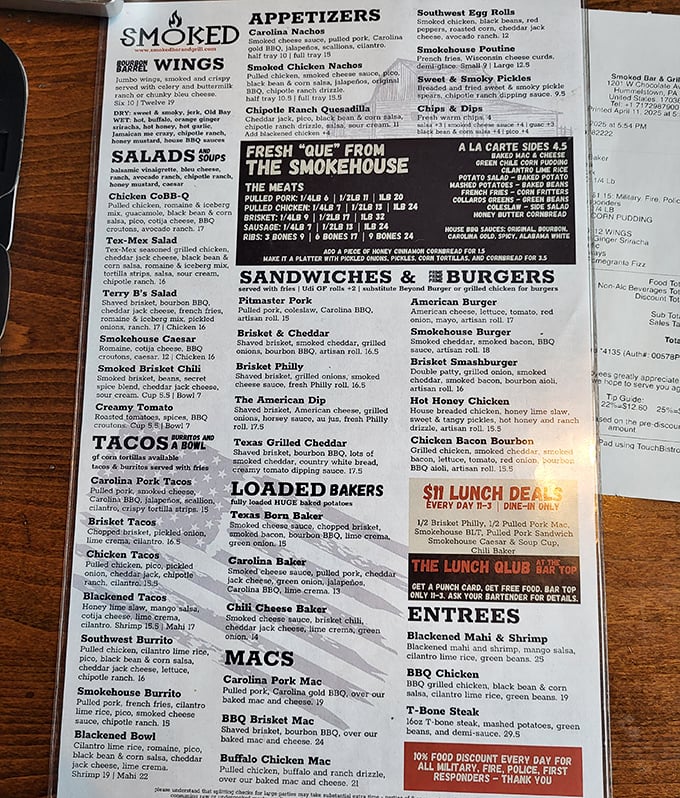 The menu reads like a love letter to smoked meat enthusiasts – a roadmap to happiness with detours through brisket, pulled pork, and loaded bakers.