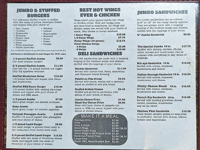 A menu that doesn't mess around—when they say "Jumbo & Stuffed," they mean business. Reading this is like planning a delicious adventure.