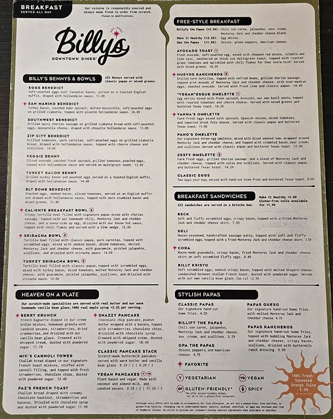 This isn't just a menu—it's a roadmap to happiness with Benedict highways and pancake pit stops worth every delicious detour.