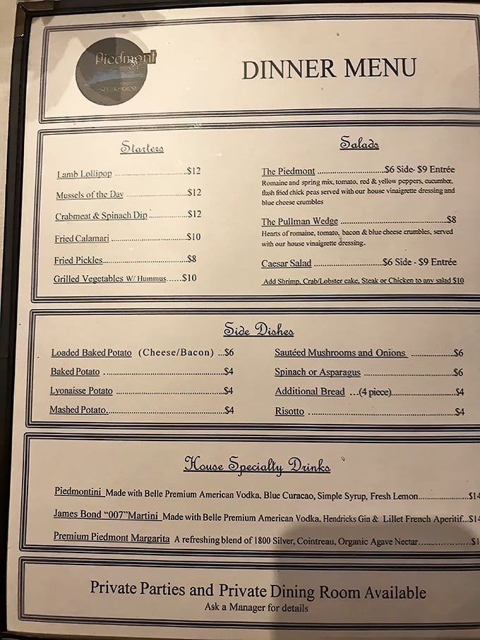 A menu that doesn't overwhelm but impresses—from Lamb Lollipops to the Piedmontini cocktail, each offering promises a carefully crafted experience.