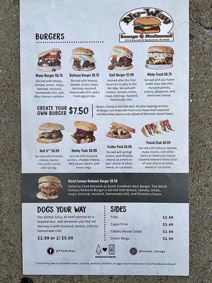 This menu isn't just a list of options – it's a roadmap to happiness. The "World Famous Redneck Burger" isn't bragging; it's just stating facts.