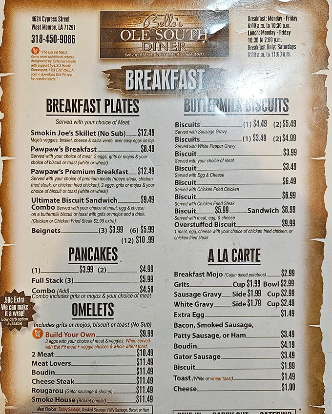 This isn't just a menu—it's a roadmap to happiness. The "Rougarou" omelet with alligator sausage and shrimp might just be the most Louisiana breakfast ever conceived.