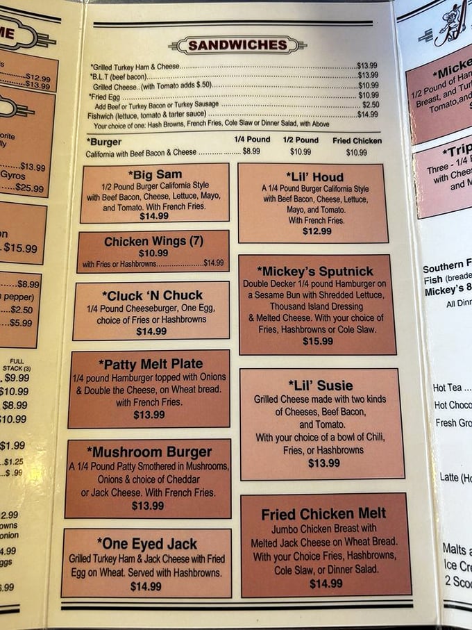 The menu at Mickey's reads like a greatest hits album of American diner classics, with the "Sputnik" burger launching taste buds into orbit since long before space travel.