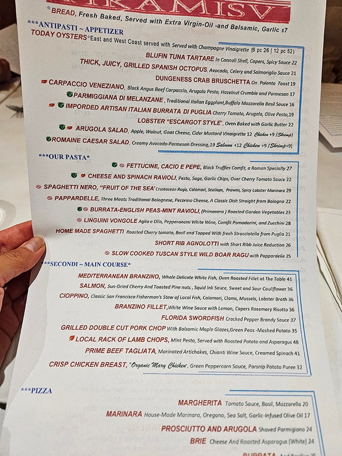 A menu that reads like a love letter to Italian cuisine. Each dish promises a story, and trust me, they're all page-turners.