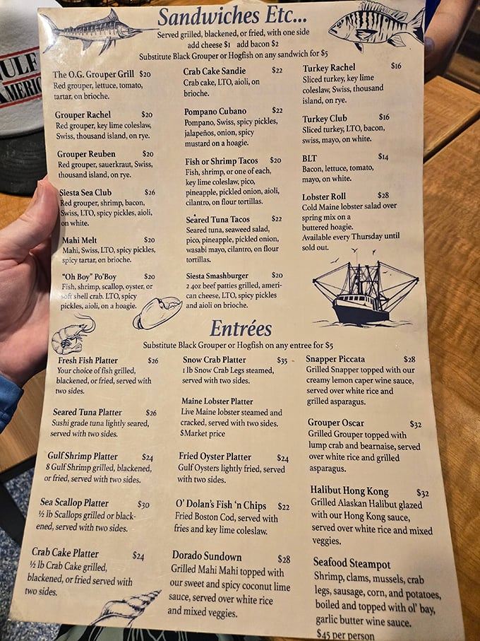 The menu reads like a love letter to Florida's waters—each sandwich a different way to experience the ocean's gifts.