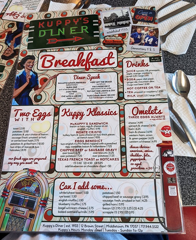 This menu isn't just a list of food—it's a roadmap to happiness with "Diner Speak" translations that make you feel like an insider from your first cup of joe.