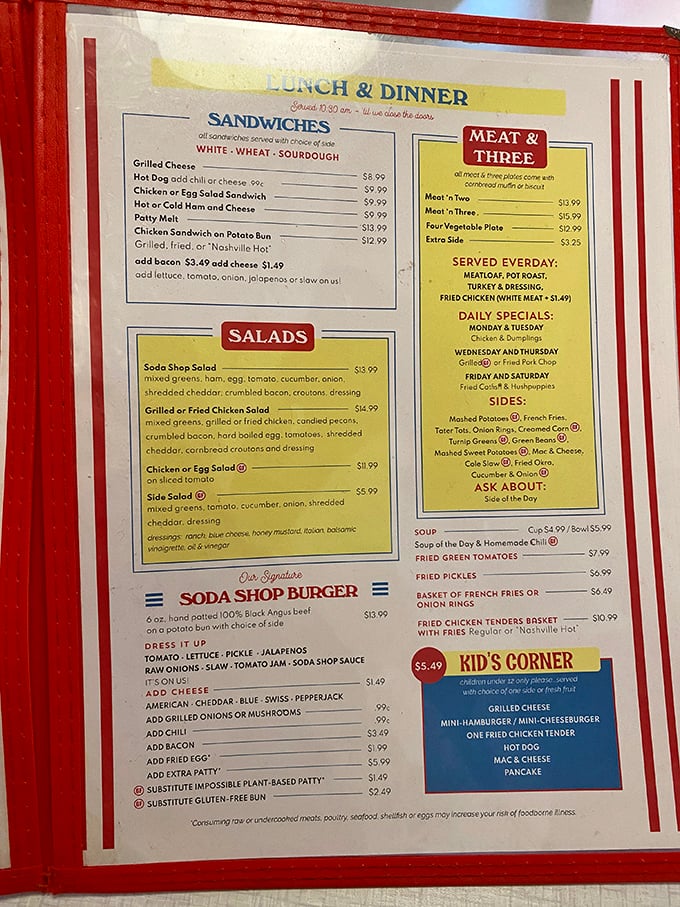 This isn't just a menu – it's a roadmap to happiness. The "Meat & Three" section might as well be labeled "Why You Came Here."