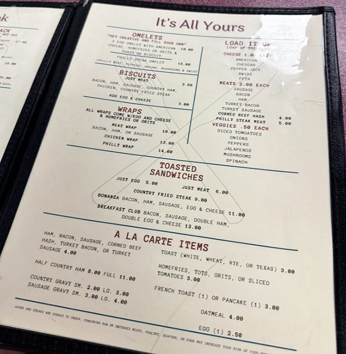 This menu isn't just laminated paper—it's a roadmap to happiness with destinations like "Biscuits" and the promised land of "Country Fried Steak."