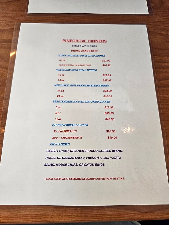 The dinner menu reads like a love letter to carnivores. These aren't just entrees—they're promises of satisfaction written in deliciously straightforward terms.