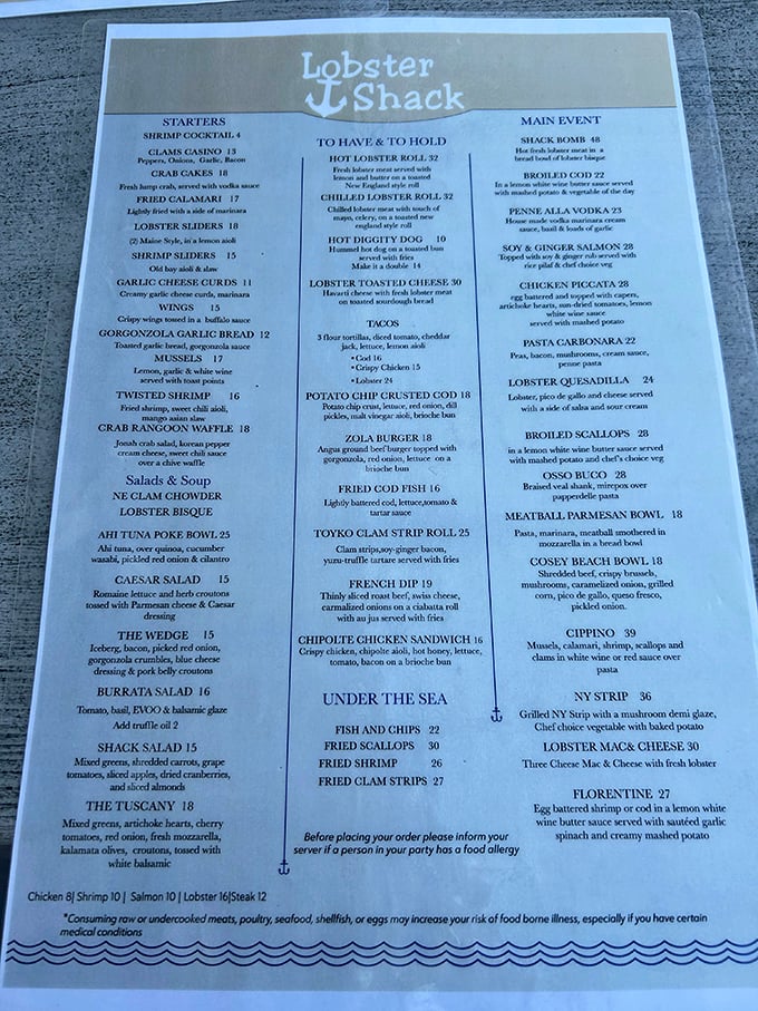 This menu isn't just a list—it's a treasure map where X marks the spot for seafood gold. The real challenge? Choosing just one maritime masterpiece. 