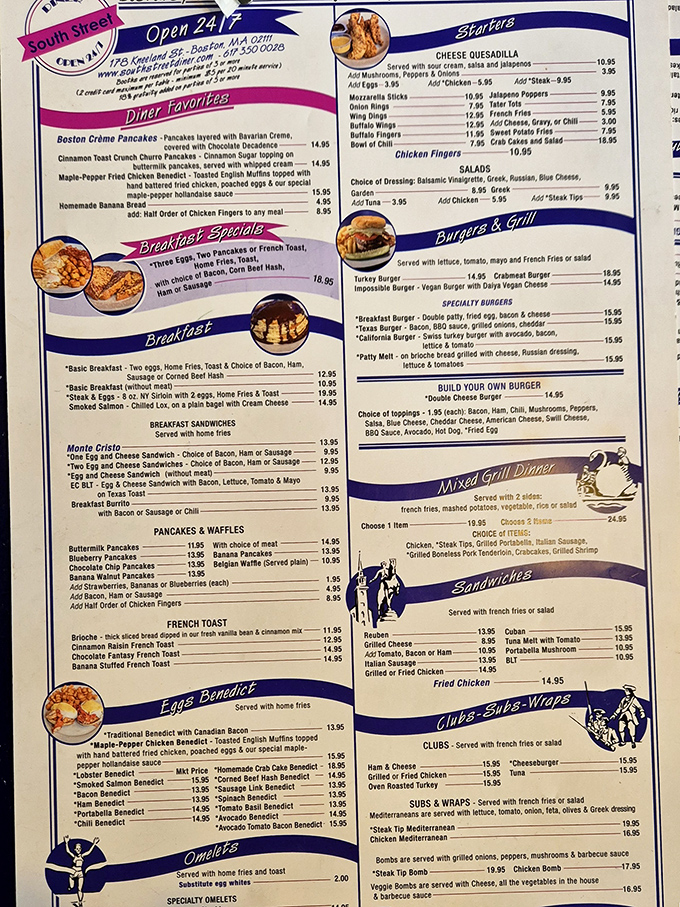 A menu that doesn't need Instagram filters—just honest comfort food that's been satisfying Bostonians for decades, 24/7.