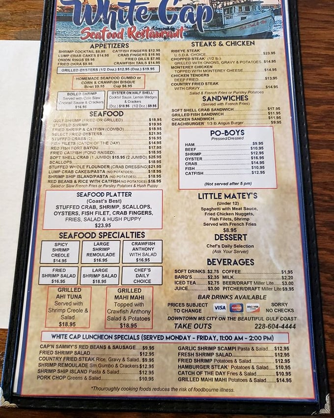 This menu isn't just a list – it's a treasure map. Each item represents buried gold in the form of perfectly prepared Gulf Coast delicacies.