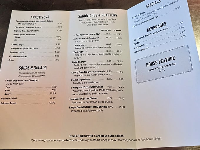 A menu that doesn't need fancy fonts or flowery descriptions—just straightforward seafood excellence that's kept Pittsburghers coming back for generations.