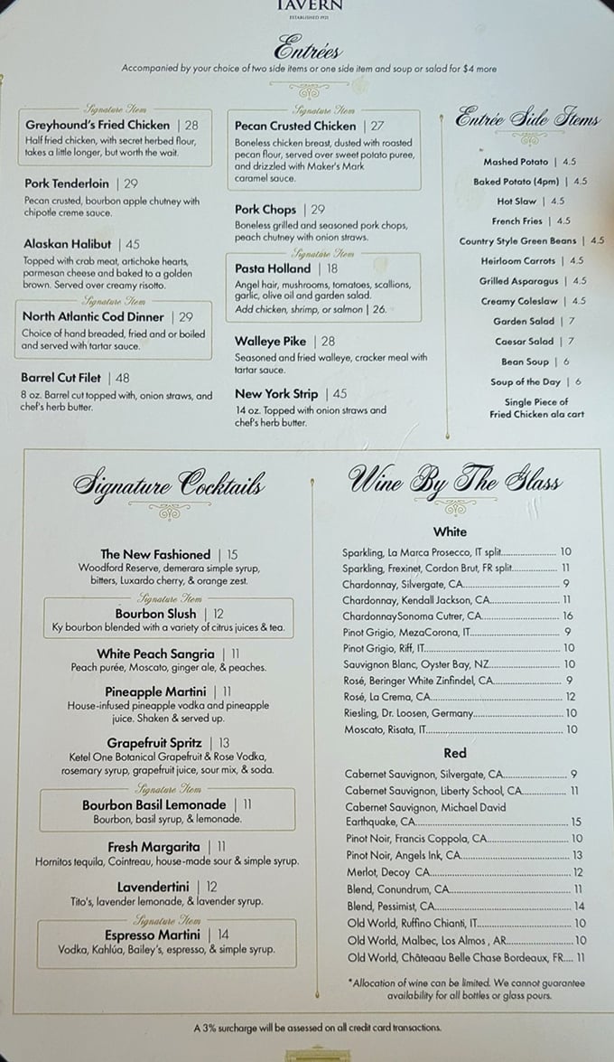 A menu that reads like a love letter to Kentucky cuisine. That fried chicken description—"takes a little longer, but worth the wait"—might be the understatement of the century. 
