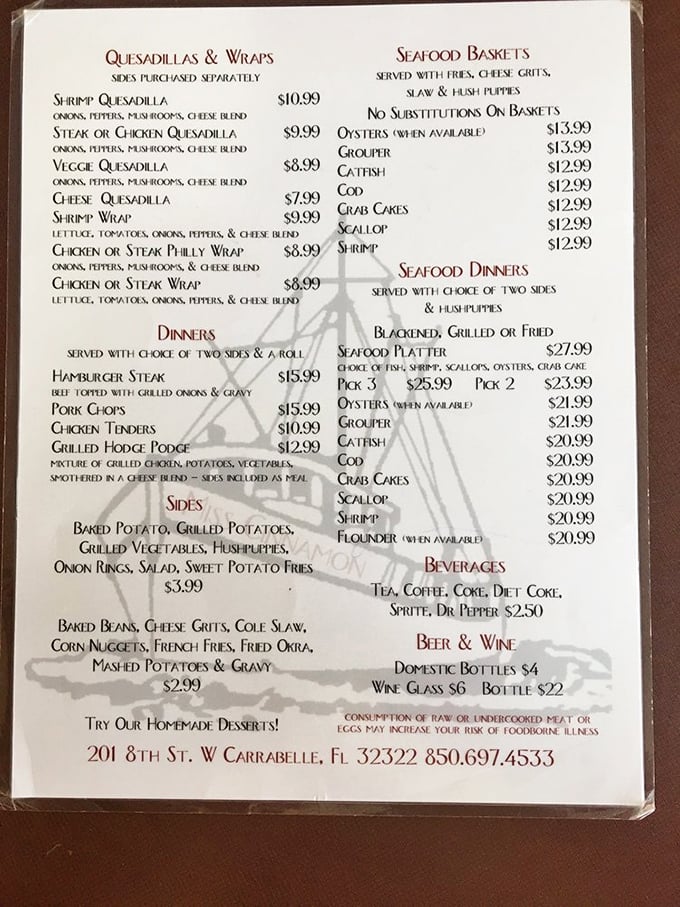 A menu that reads like poetry to seafood lovers—straightforward offerings with the Gulf's bounty as the star attraction.