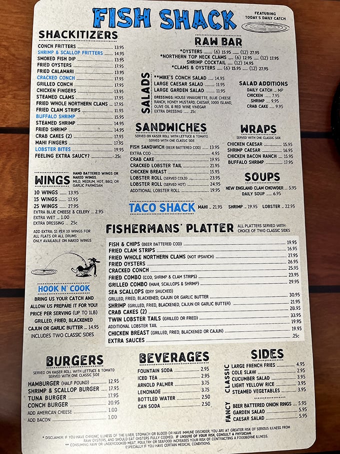 This menu isn't just a list – it's a maritime treasure map. "Shackitizers" might make you groan, but you'll be smiling with your mouth full.